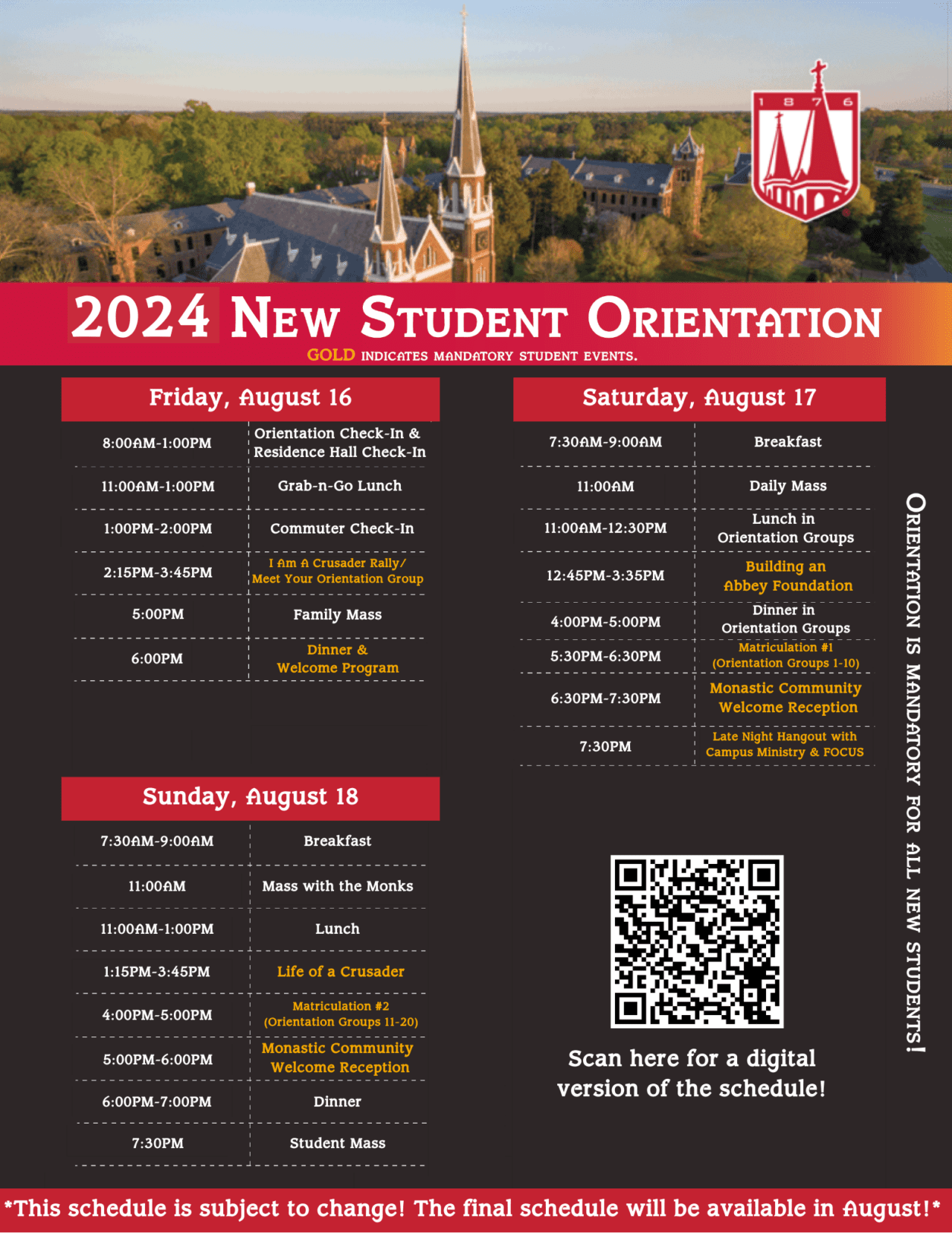Orientation Schedule 2024 - Belmont Abbey College