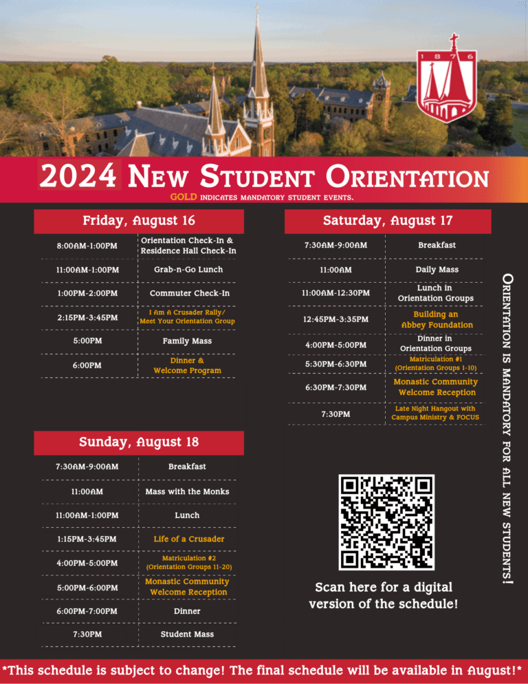 Orientation Schedule 2024 - Belmont Abbey College
